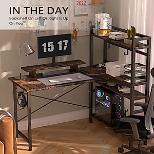 COMHOMA Gaming L Shaped Computer Desk, 55" Home Office Desk with Shelves, L Shape Computer Corner Desk with Charging Port, Gaming Table Power Outlet Build in, LED Writing Desk with Monitor Stand Brown