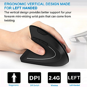 Lekvey Left Handed Mouse, Wireless 2.4 GHz USB Lefty Left Hand Ergonomic Vertical Mouse, Less Noise - Black