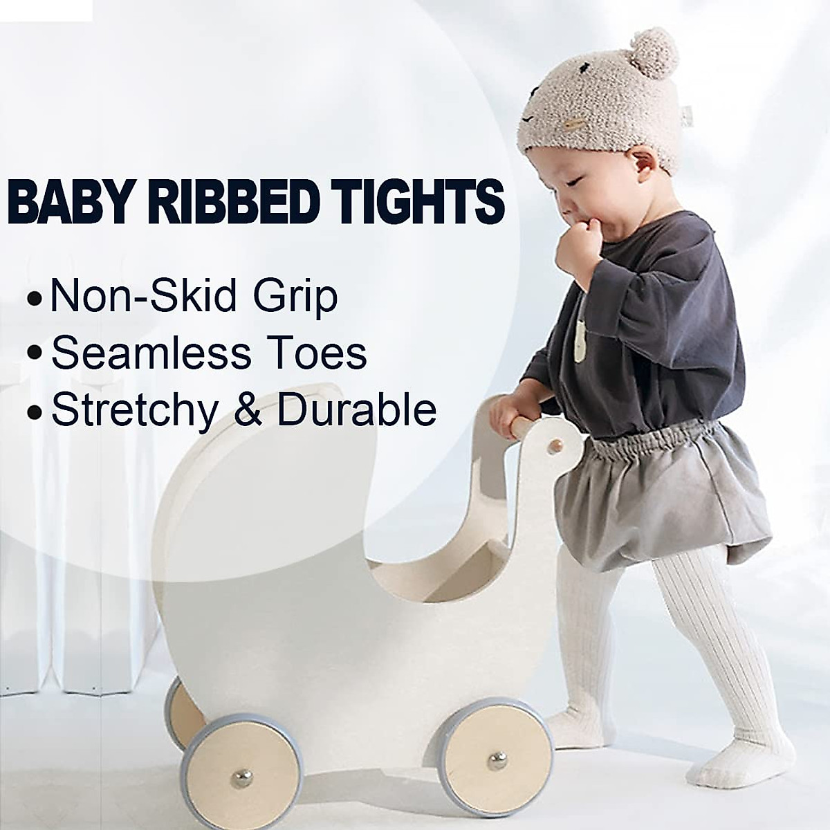 EPEIUS Baby Tights Baby Girls Non-Slip Ribbed Leggings Toddlers Girls Seamless Cotton Stockings Pantyhose Footed Tights 12-24 Months Black White Light Grey Pink 5 Pack M