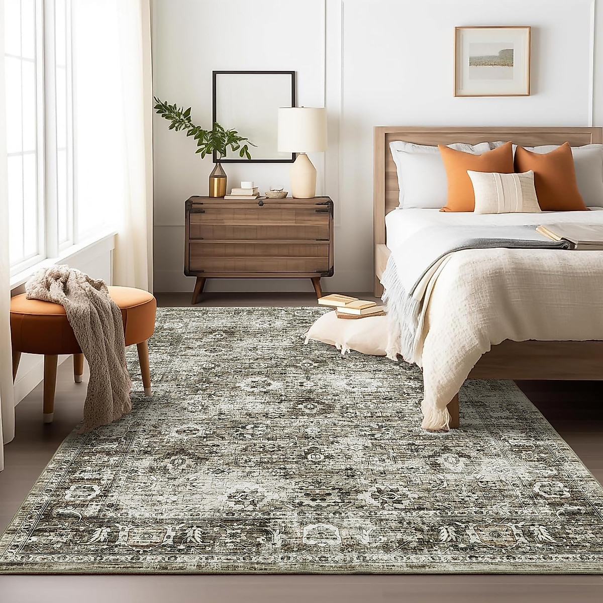 CAREMEE Washable Rug 5x7 Area Rugs for Living Room Bedroom, Vintage Non-Slip Print Distressed Thin Throw Rugs with Rubber Stain Resistant Low Pile Carpet for Kitchen Dining Room Foyer, Gray/Camel