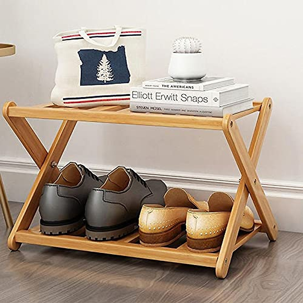 SXRZY Bamboo Shoe Rack Small Space,2 Tier Shoe Rack Wooden,Sturdy and Durable Installation-Free Folding Shoe Storage Rack for Entryway, Hallway,Closet,Dorm,Bearing 40kg (40×25×22cm)