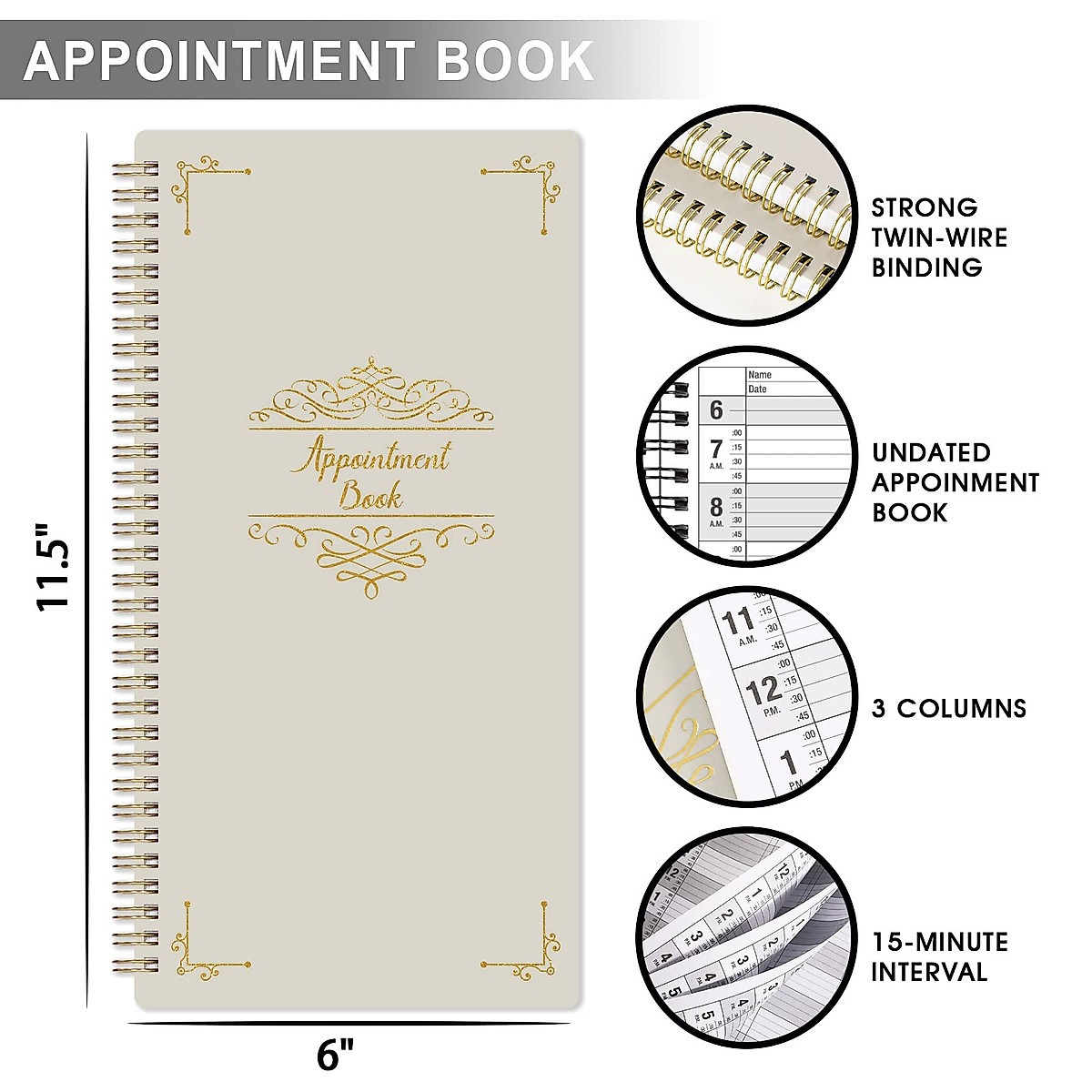Appointment Book – Undated Salon Appointment Book, Daily＆Hourly Schedule Book with 200 Pages, 6 AM - 9 PM, 15 Minute Intervals Day Planner, 6’’ x 11.5’’, 3 Column, Twin-Wire Binding, Hardcover