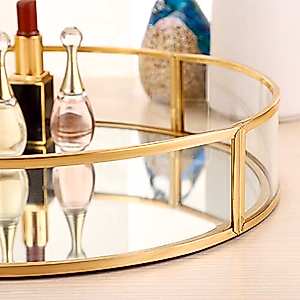 ELLDOO Gold Round Glass Tray, Mirror Jewelry Tray Perfume Tray Mirror Vanity Tray Dresser Tray Ornate Tray Metal Decorative Tray Perfume Organizer Makeup Tray for Vanity Dresser