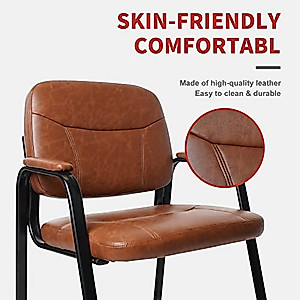 CLATINA Reception Chair with Sled Base and Bonded Leather Padded Armrests, Modern Style Guest Chair for Office Meeting Waiting Room Conference Desk, Brown (4 Pack)