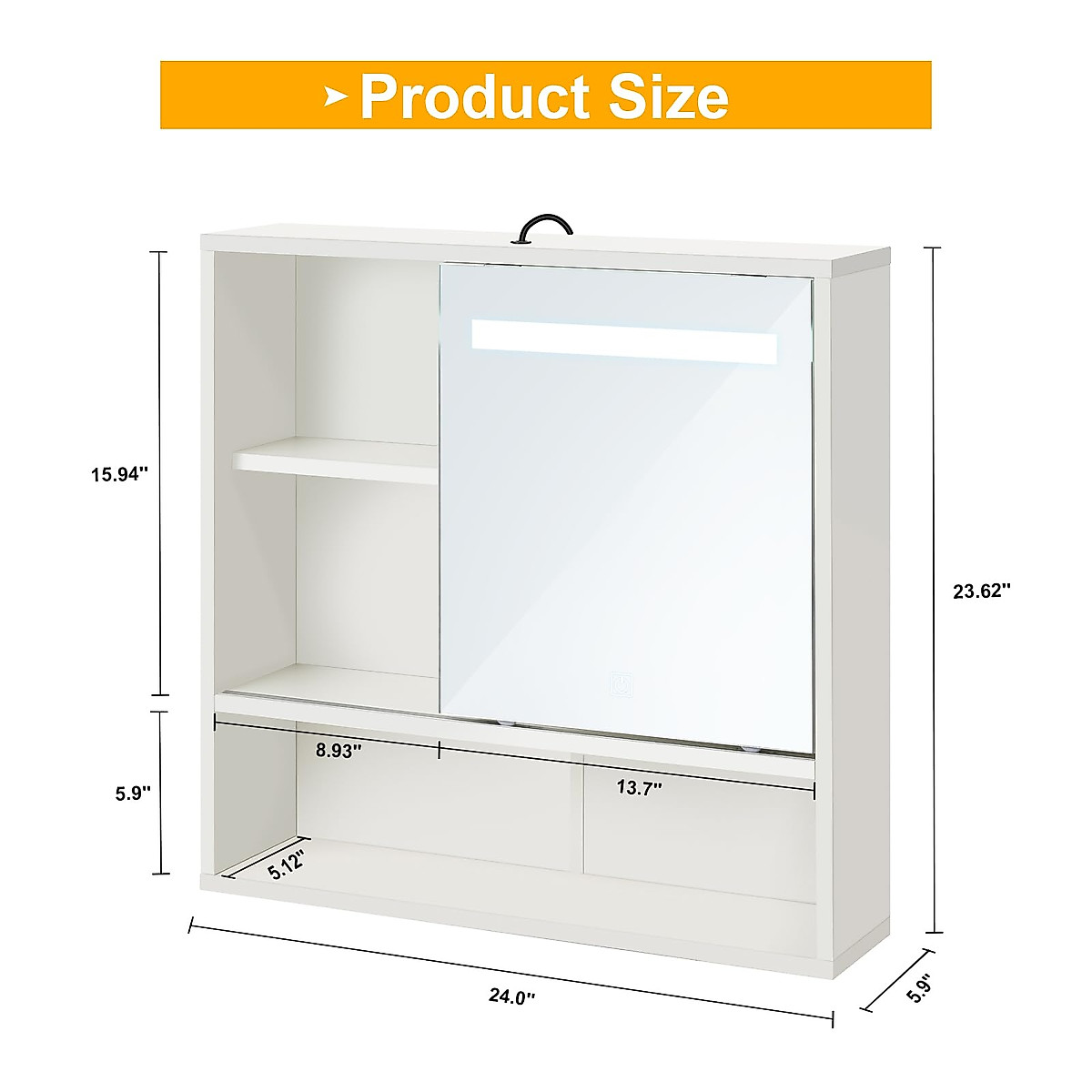 Sunghome Medicine Cabinet Mirror Bathroom Wall Cabinet, LED Light Bathroom Mirror with Storage, Medicine Cabinets with Slid Door and Adjustable Shelf, White, 24'' x 23.6''