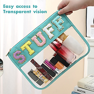 BCRMPT Chenille Letter Bag Clear Flat Pouch,Multi-purpose PVC&Nylon Clear Cosmetic Bags,Travel Makeup Bag With Zipper For Women,Clear Pouches for Travel,Gym,Beach (Green-Stuff)