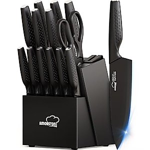 Knife Set, 15 Pieces Kitchen Knife Set with Block Built in Knife Sharpener, Dishwasher Safe, German Stainless Steel Knife Block Set, Elegant Black