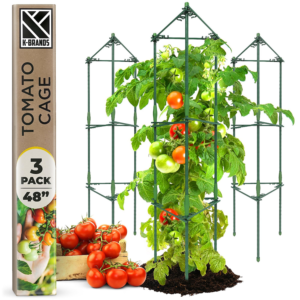 K-Brands Tomato Cage - Premium Tomato Trellis and Plant Support for Tomatoes, Vegetable and Climbing Plants - Tomato Cages for Garden and Pots Outdoor (3 Pack - Upto 48 inches)