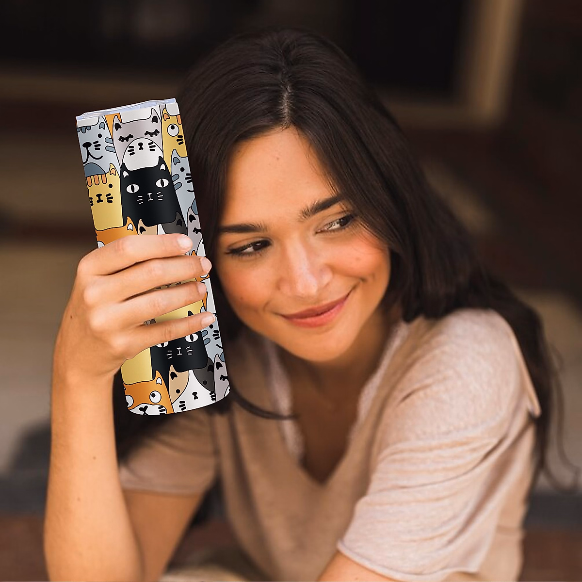 MoYueno Cat Mugs for Cat Lovers, Slim Kitty Tumbler with Lid & Straw & Brush, Kitty Coffee Mugs for Animal Lovers, Color Animal Tumbler 20 Oz