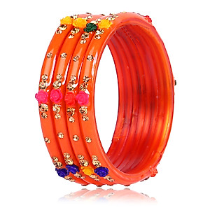 JD'Z COLLECTION Bollywood Bangle Bracelets For Women & Girls Partywear Kada Indian Glass Bangles Jewelry Set Flower Designer Saree Matching 4pc Bangles For Women (Orange, 2.6)