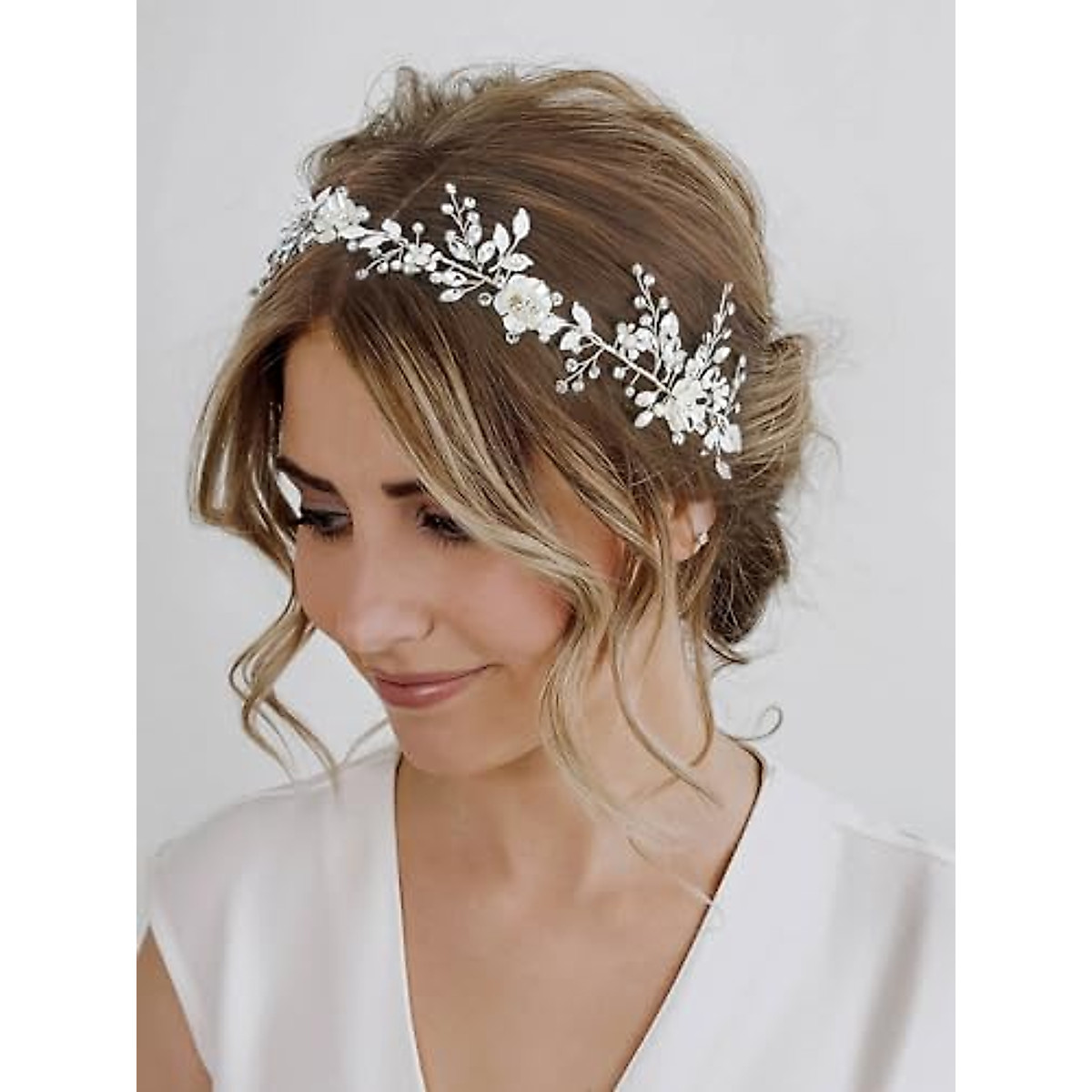 SWEETV Flower-Leaf Bridal Headpieces for Wedding Hair Band for Brides Headband Rhinestone Wedding Headband Silver Flower Girl Bridesmaid Hair Vine