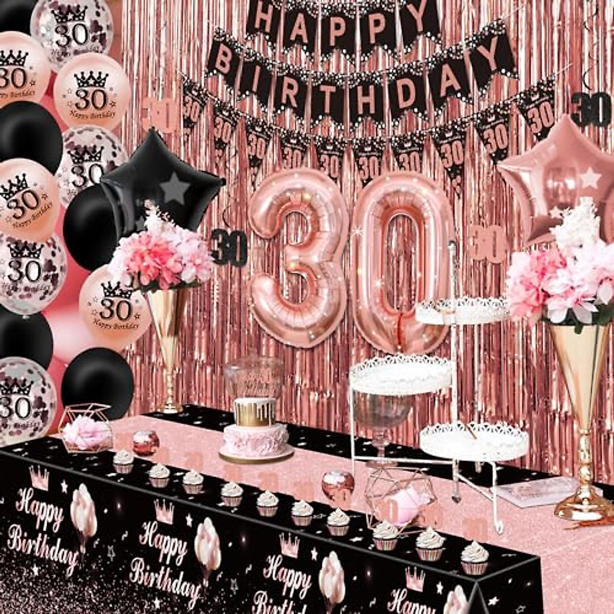 30th Black and Rose Gold Party Decorations - Happy Birthday Banner, Pennant, Birthday Balloons, Fringe Curtains, Tablecloth, Cake Topper, Hanging Swirls 30th Birthday Decorations for Women Princess