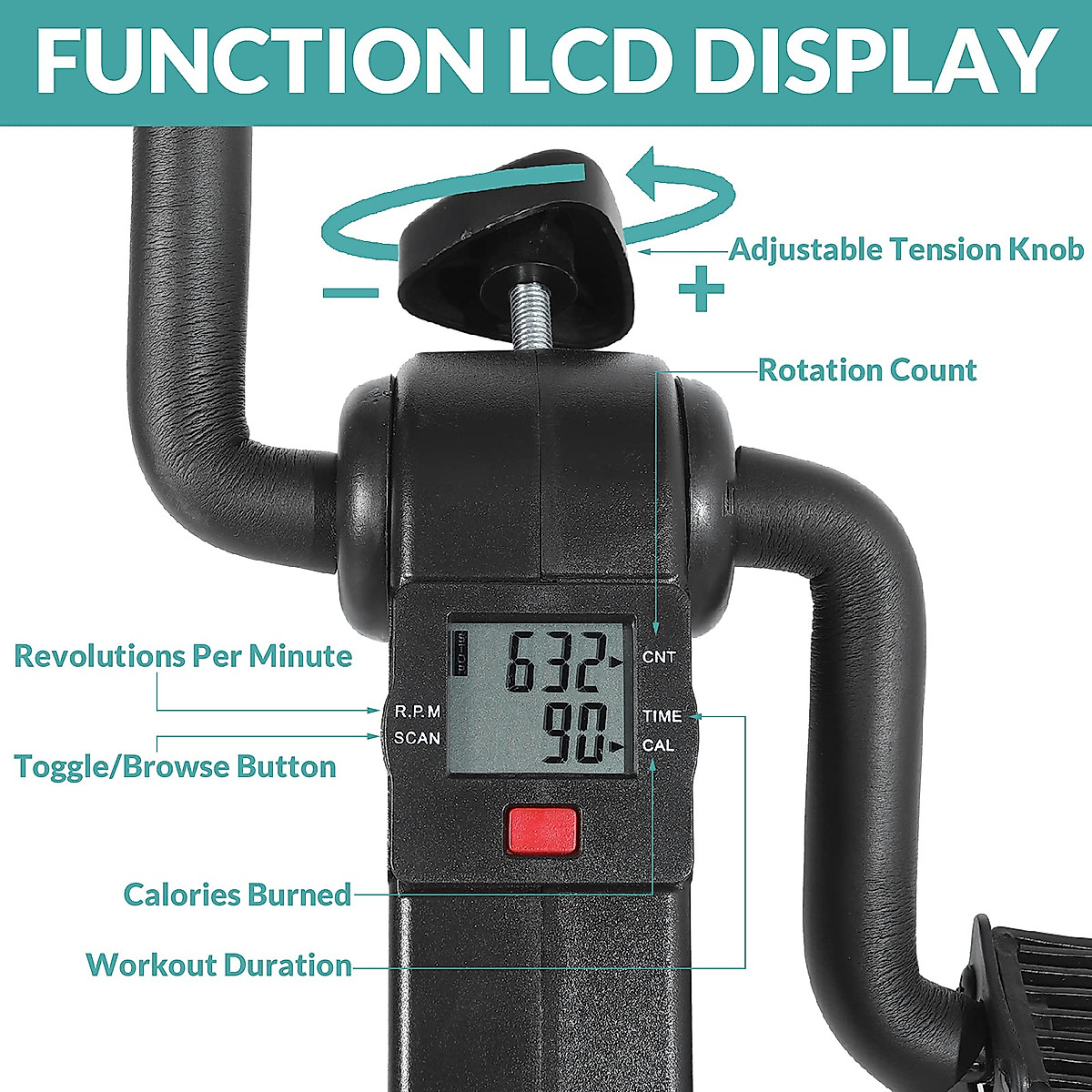 MEETWARM Pedal Exerciser Under Desk Exercise Peddler Arm Leg Folding Mini Stationary Peddler Bike with LCD Display Portable Bicycle Exerciser Machine for Seniors (Teal)