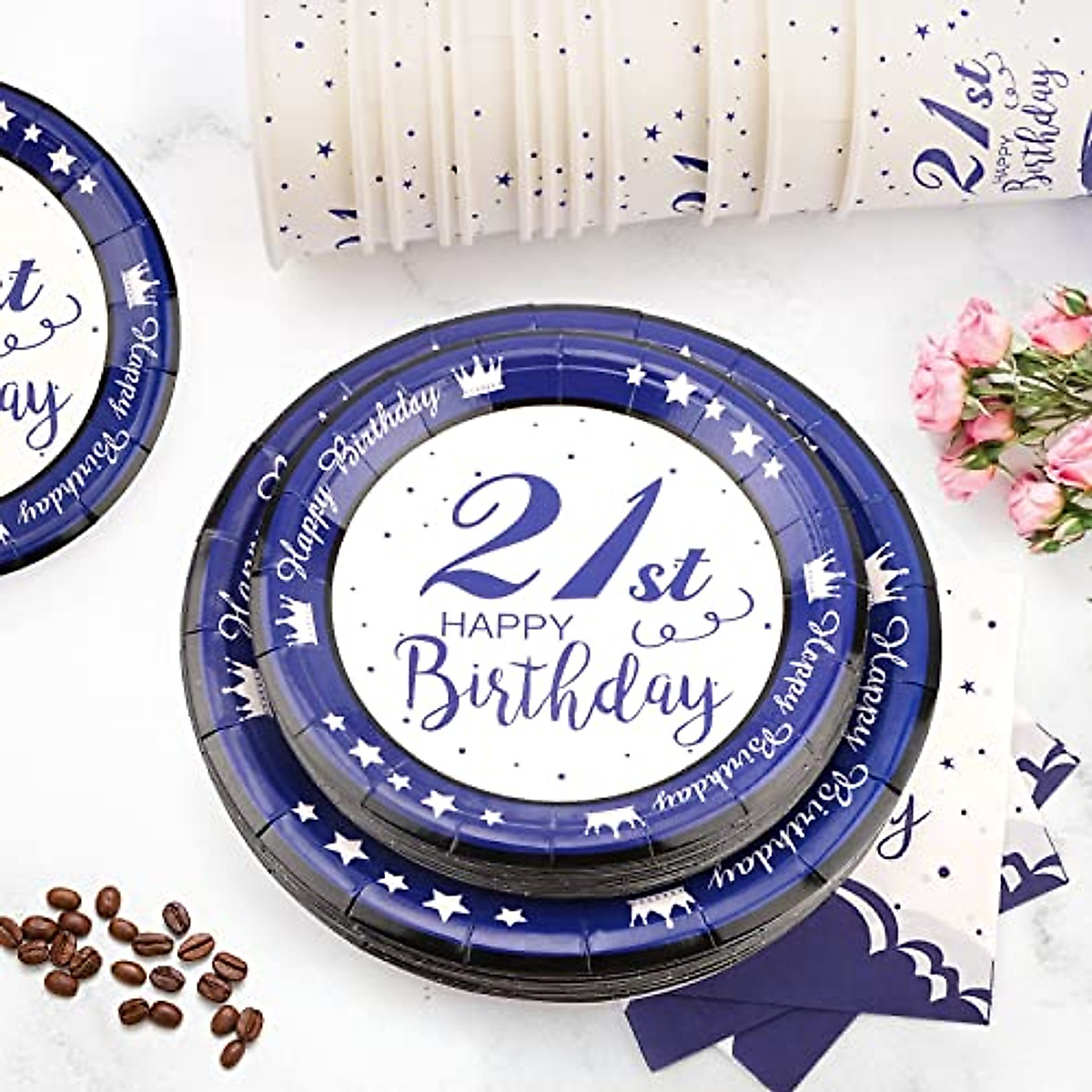 21st Birthday Decorations for Her/Him, 96pcs Happy Birthday Plates and Napkins Navy Blue Party Tableware Set Party Supplies Paper Plates Napkins Cups 21st Birthday Plates - Serves 24 Guests