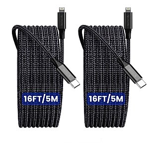 16FT Extra Long iPhone Charger Cord, 2-Pack SCRUAK [MFi Certified] 16 Ft USB C to Lightning Cable Fast Charging Nylon Braided iPhone Charger Cable for iPhone 14/14 Pro/14 Pro Max/13/12, iPad, AirPods.