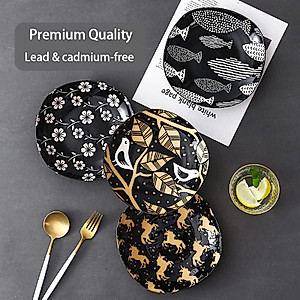 Ceramic Pasta Plates,8 inch Salad Bowls,Set of 4,Microwave and Oven Safe Plate with High Edge,Large Wide Bowls/Plates for Serving Dinner,Salad,Soup,Oatmeal,Mix-Match Pattern,Gift