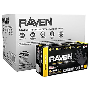 Raven SAS Safety 66518 6 mil Black Nitrile Disposable Gloves 7 Mil - Large - 10 Pack(100 Gloves per Box)