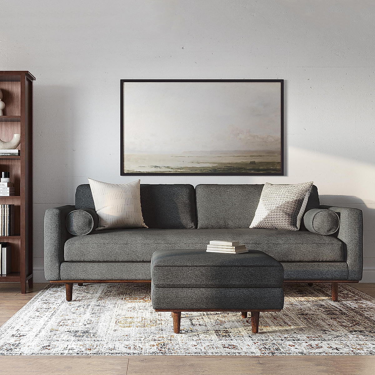 SIMPLIHOME Morrison 33 inch Wide Mid-Century Modern Ottoman in Charcoal Grey Woven-Blend Fabric, Assembled, for the Living Room, Entryway and Family Room