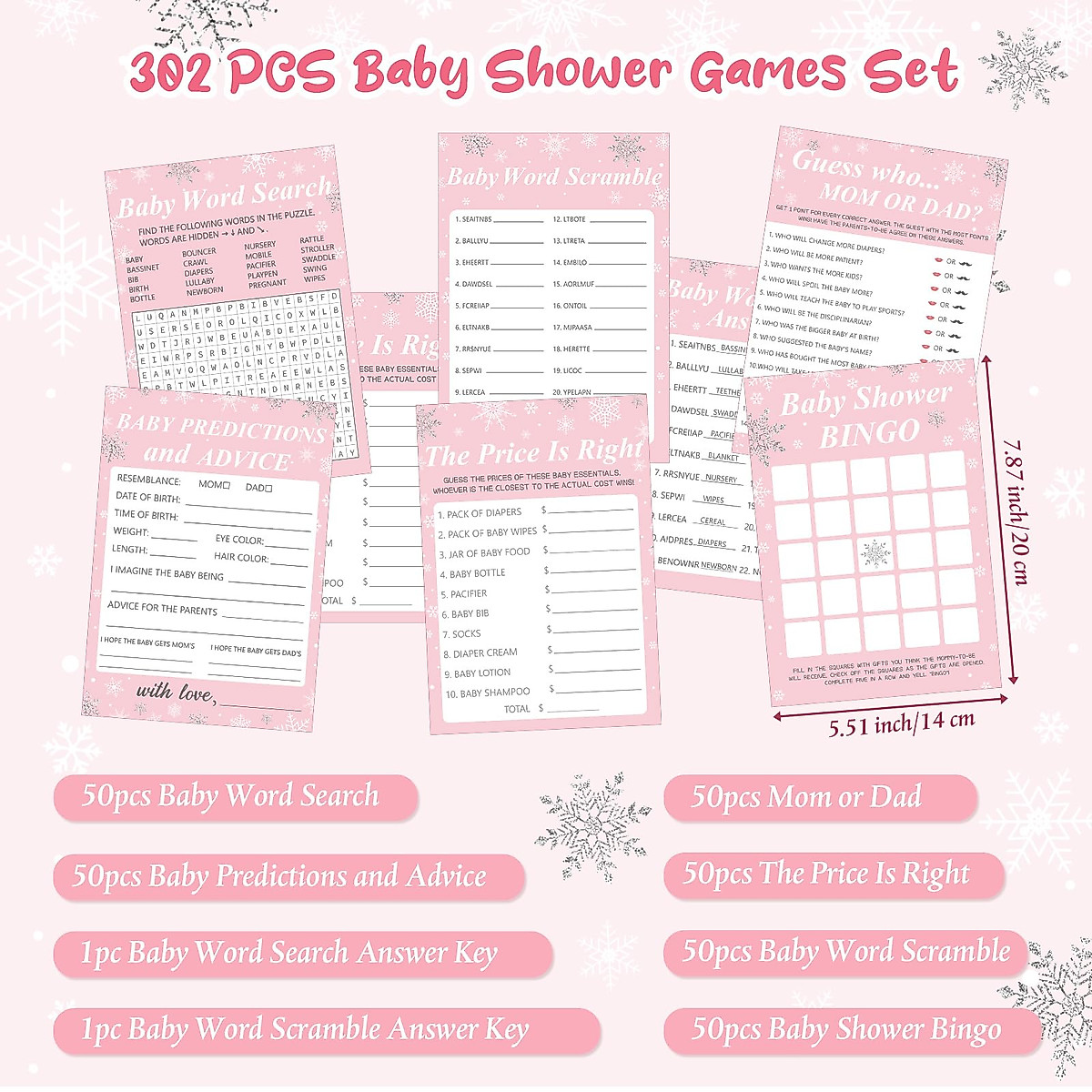 Harloon 302 Pcs Winter Snowflake Baby Shower Games, 6 Games, 50 Sheets Each, Baby Shower Bingo, Word Scramble, Word Search, Baby Predictions and Advice, The Price is Right, Guess Who (Pink)