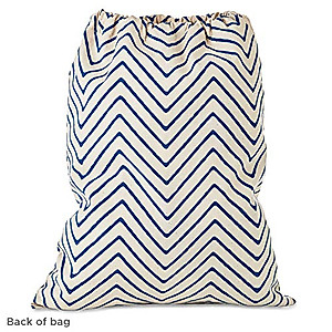 Hallmark 19" Large Fabric Drawstring Gift Bag (Ivory and Blue Chevron Stripe) Reusable Wrap for Christmas, Hanukkah, Father's Day, Birthdays