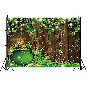 Laeacco 10x6.5FT St. Patrick's Day Backdrop Green Clover Lucky Shamrock Pot of Gold Coin Glitter Brown Wooden Board Photography Background Irish Festival Party Decor Kid Adult Portrait Photo Prop