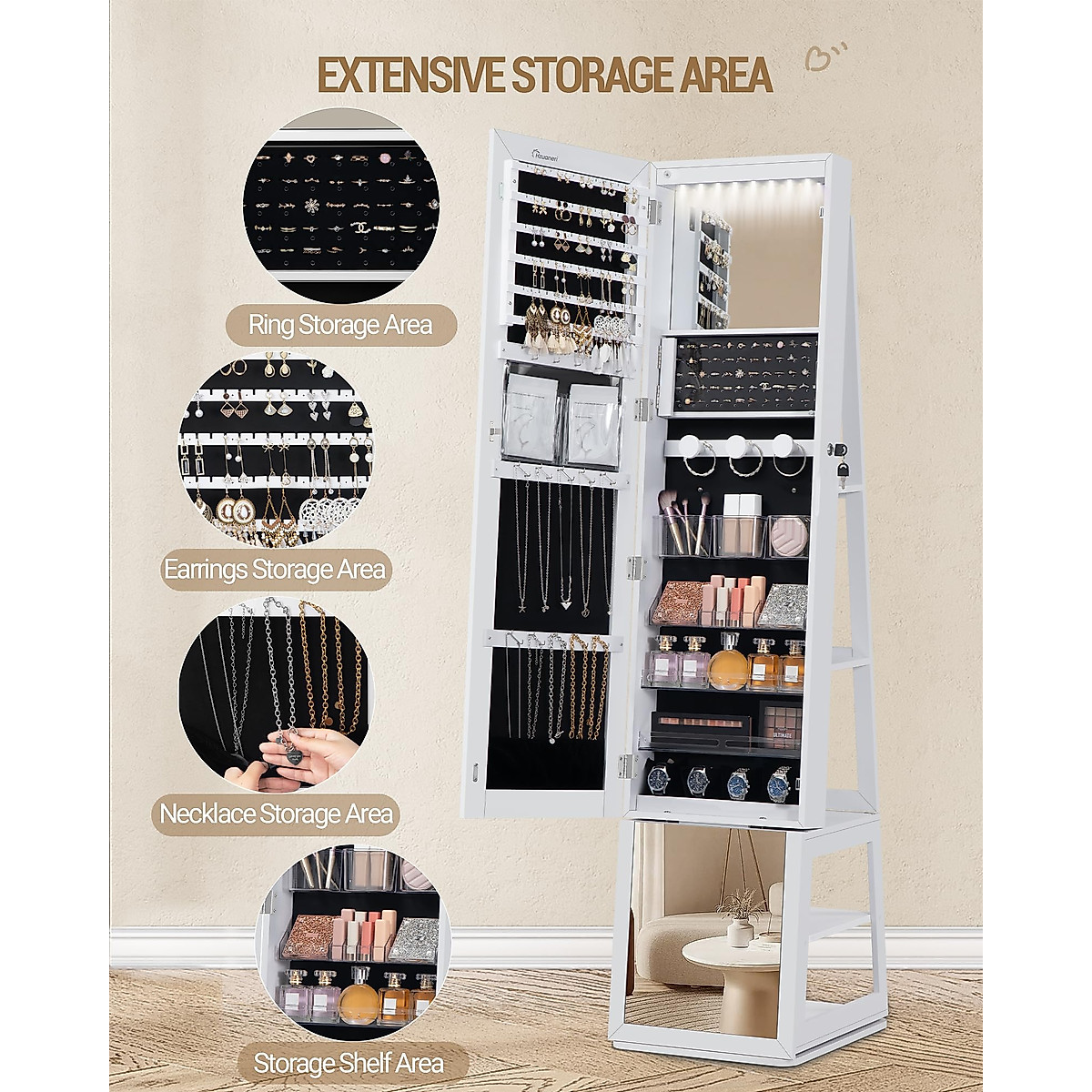 Hzuaneri 16 LEDs Jewelry Cabinet Armoire, 63" H Standing Jewelry Organizer with 360° Rotating Base, Lockable Full-length Mirror, 4-tier Storage Shelves, 4-in-1 design, White JC16003B