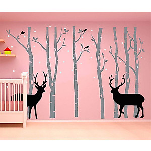 Birch Tree Deer Wall Decal Nursery Forest Removable Birch Trees Vinyl Sticker for Kids Bedroom Decor Nursery Bedroom (Grey)