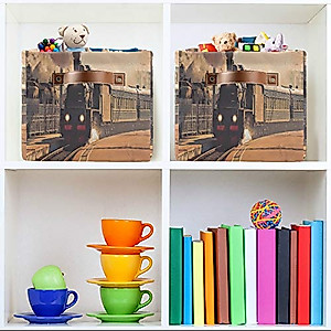 Retro Train Storage Bins Basket Fabric Collapsible Storage Cube Rectangle Storage Box with Handles for Shelf Closet Nursery Home Office - 1 Pack