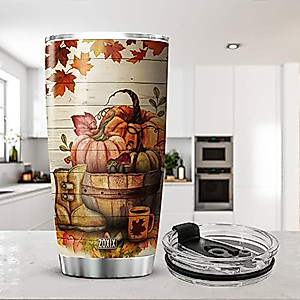 ZOXIX Just A Girl Who Loves Pumpkin Tumbler With Lid 20oz Vintage Autumn Coffee Mug Stainless Steel Cup Fall Leaves Pumpkin Themed Gifts For Women Halloween Farm Girl Tumblers