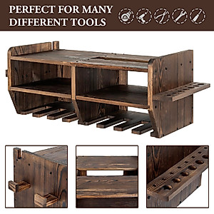 MyGift Wall Mounted Power Tool Organizer Station, Rustic Burnt Solid Wood Toolbox Storage Shelf, 8 Drill Hanging Rack, 15 Hand Tools Slots, and Circular Saw Holder
