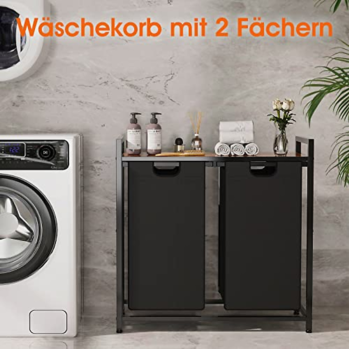 AMHANCIBLE Double Laundry Hamper, 2 Section Laundry Basket, Laundry Room Storage and Organization, Clothes hamper with Table, for Bathroom, Bedroom, Restroom, Rustic Brown HLS02BR