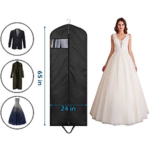 MISSLO 65" Gusseted Hanging Garment Bags for Travel Long Dress Cover Water Resistant Sturdy Fabric Dress Bags for Gowns Long Closet Clothes Protectors, Black