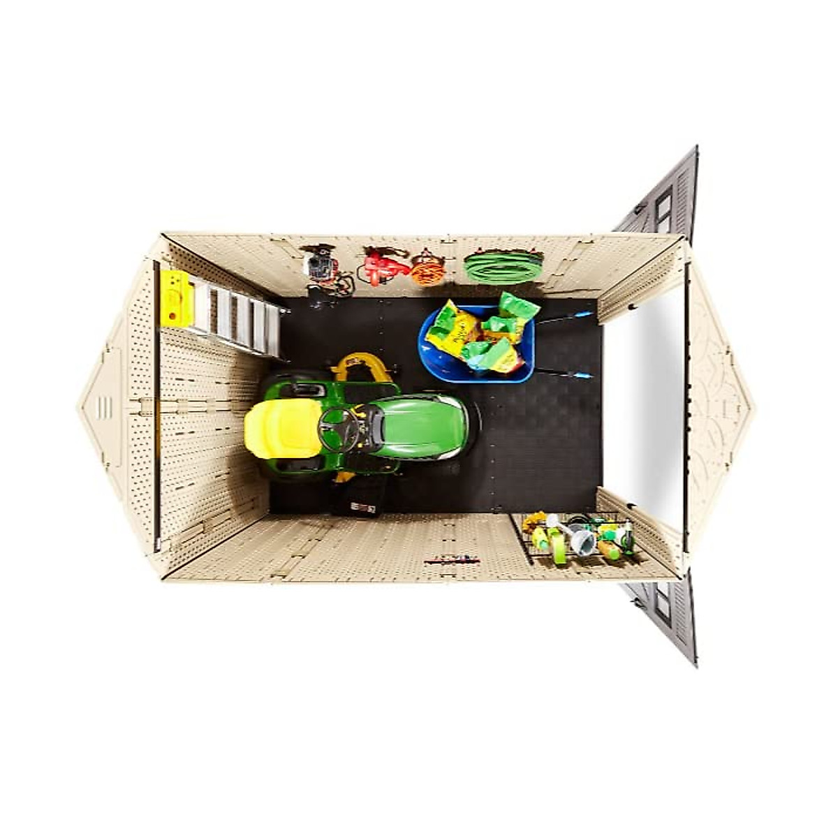 Rubbermaid Resin Outdoor Storage Shed With Floor (7 x 10.5 Ft), Weather Resistant, Beige/White, Organization for Home/Backyard/Garden Tools/Lawn Mower/Bike Storage/Pool Supplies