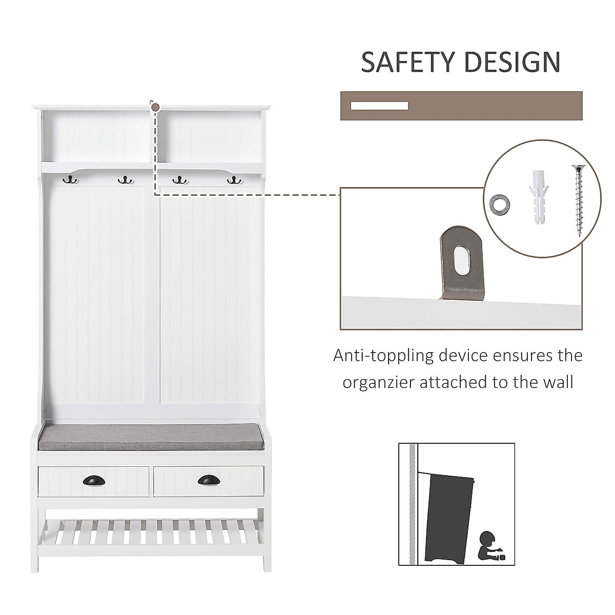 HOMCOM 3-in-1 Hall Tree, Entryway Bench with Coat Rack, Mudroom Bench with Shoe Rack, 2 Storage Drawers, 4 Hooks and Padded Seat Cushions for Hallway, White