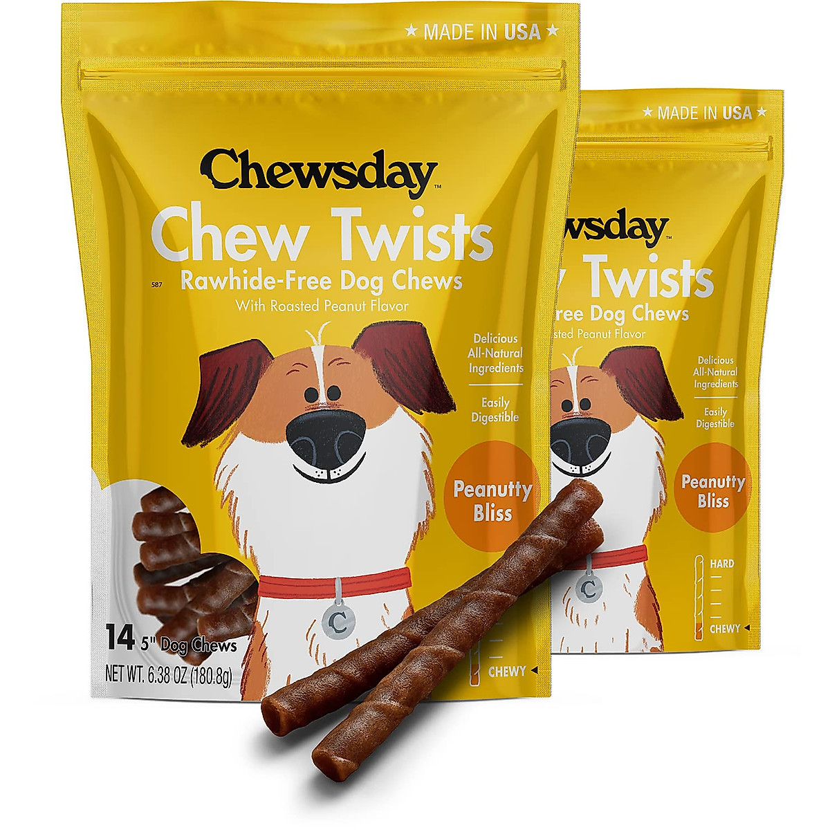 Chewsday 5-Inch Chewy Dog Chew Twists, Made in The USA, All Natural Rawhide-Free Highly-Digestible Treats, Peanutty Bliss - 14 Count