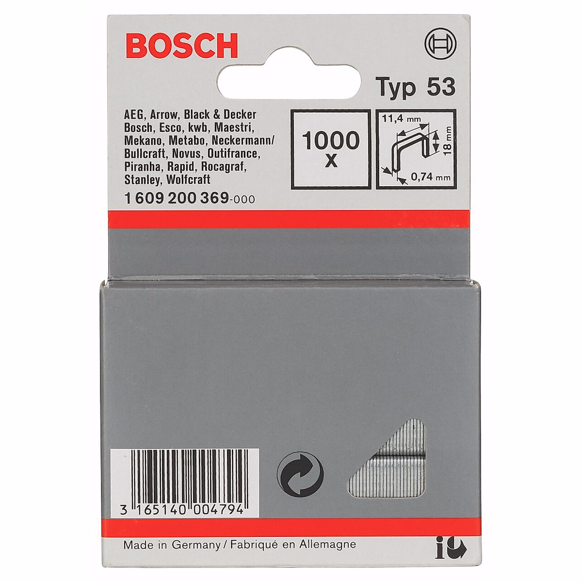 Bosch 1609200369 Fine Wire Staple 18x11, 4mm 1000 Pcs