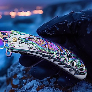 Dispatch Pocket Knife for Men Women with Clip, Folding Knife with Dragon Pattern Handle, Outdoor Hunting Camping Hiking EDC Tools