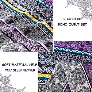WONGS BEDDING Boho Quilt Set Full Size, Purple Bohemian 3 Pieces Quilt Sets, Lightweight Summer Bedspread Coverlet Bedding Set for All Season (90"x78")
