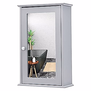 LOKO Bathroom Medicine Cabinet with Mirror, Wall Mounted Storage Cabinet with Single Mirrored Door and Adjustable Shelf for Bathroom, Living Room or Entryway, 13.5 x 6 x 21 inches (Grey)