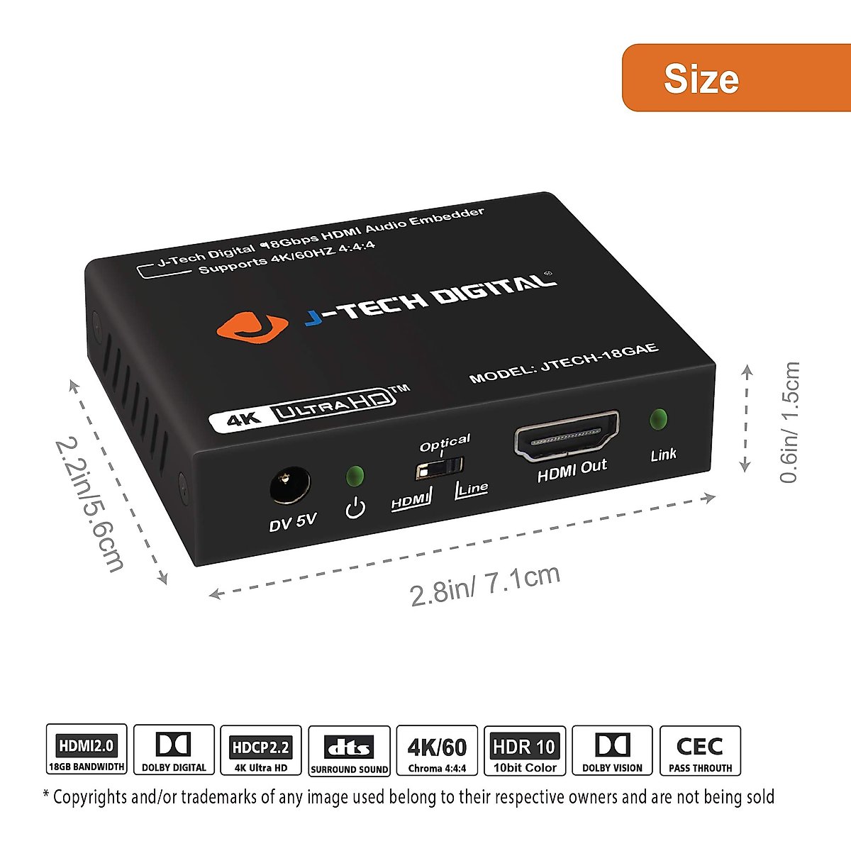 J-Tech Digital 18Gbps Digital/Analog Audio HDMI Embedder Inserter Support 4K@60Hz 4:4:4 HDR CEC HDCP2.2/1.4 with TOSLINK Optical 3.5mm Audio Input options [JTECH-18GAE]