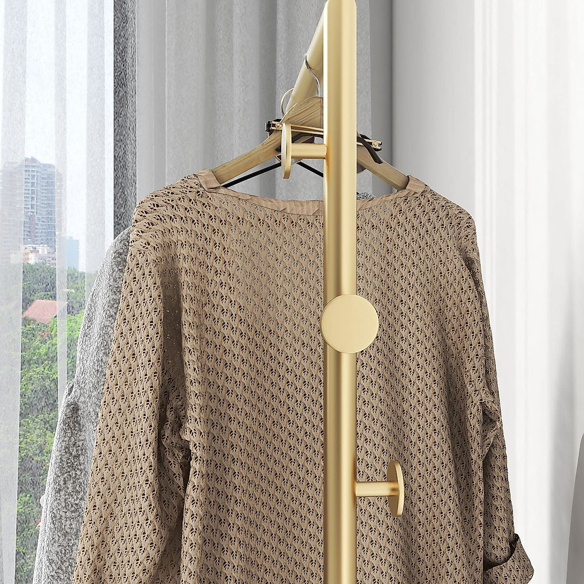 Xegulg Clothes Rack, Coat Rack Freestanding Metal, 3 Round Hooks and Stable Base, At Home Doorway Bedroom Hotel Office Hall Tree for Coats, Hats, Scarves, Clothes and Handbags,Gold