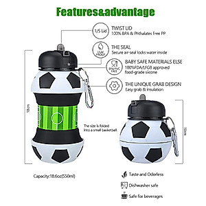 Louis Donné 12.4 x 10.3 x 9.7 cm folding silicon Soccer Water Bottle 100 percent food grade Collapsible Soccer Toddler Water Bottle with Carabiner for School outdoor Birthday Gifts for Boys and Girls
