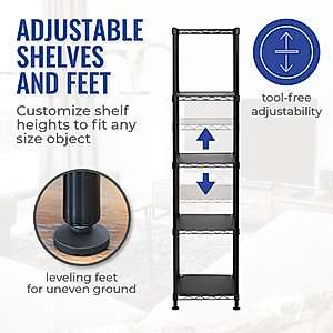 SafeRacks - NSF Certified Storage Shelves, Zinc, Heavy Duty Steel Wire Unit with Wheels and Adjustable Feet, Garage or Bakers Rack, Kitchen, Pantry Shelf - (14"x14"x60" 5-Tier) (Black)