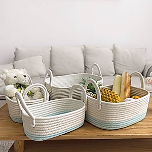 LA JOLIE MUSE 15 Inch Cotton Rope Woven Storage Basket Set of 4, Stackable Multipurpose Organizer Bins with Handles, White & Mint Green