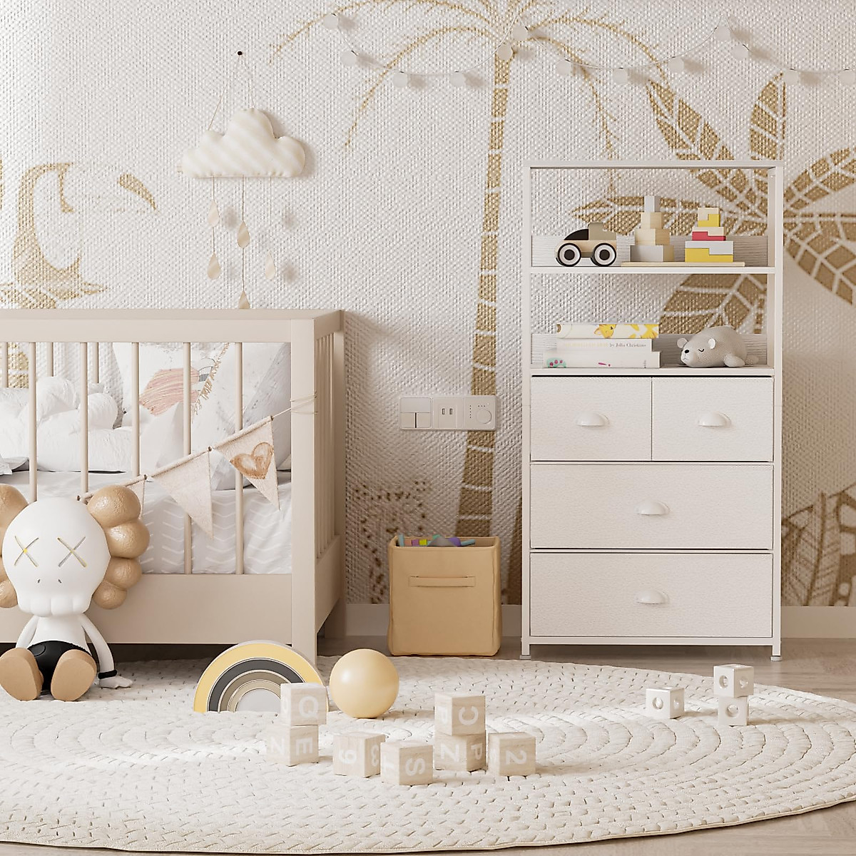 Furnulem White Dresser with 4 Fabric Bins, Tall Storage Tower with 3-Tier Shelf Vertical Standing Chest Organizer for Closet,Laundry,Bedroom,Living Room,Entryway (White)