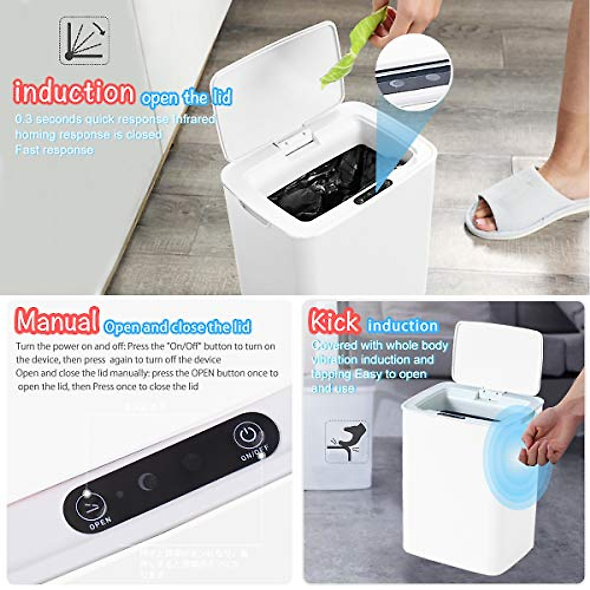 INFURIDER Automatic Plastic Trash Can with Lid, 3.7 Gallon/14L Touchless Intelligent Induction Motion Sensor Dustbin Garbage Waste Bin for Home Bedroom Kitchen(White)