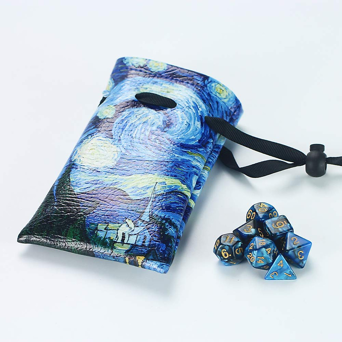 QIELIZI DND Dice Bag Pouch,PU Leather Dragon Dice Pouch Wih 7 Die Set Perfect for Dungeons and Dragons RPG D&D Dices, Coins and Accessories(Starry Sky)