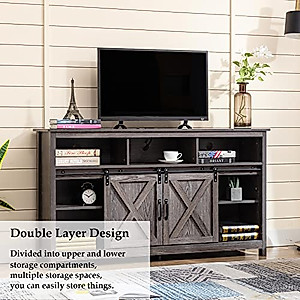 Vinctik 6&Fox 57” Wooden Farmhouse TV Stand for 60/65 inch TV,Double Layer Storage Entertainment Center TV Console Table,w Double-Row Sockets and 2 Sliding Barn Door,Media Cable Box(Grey Wash)