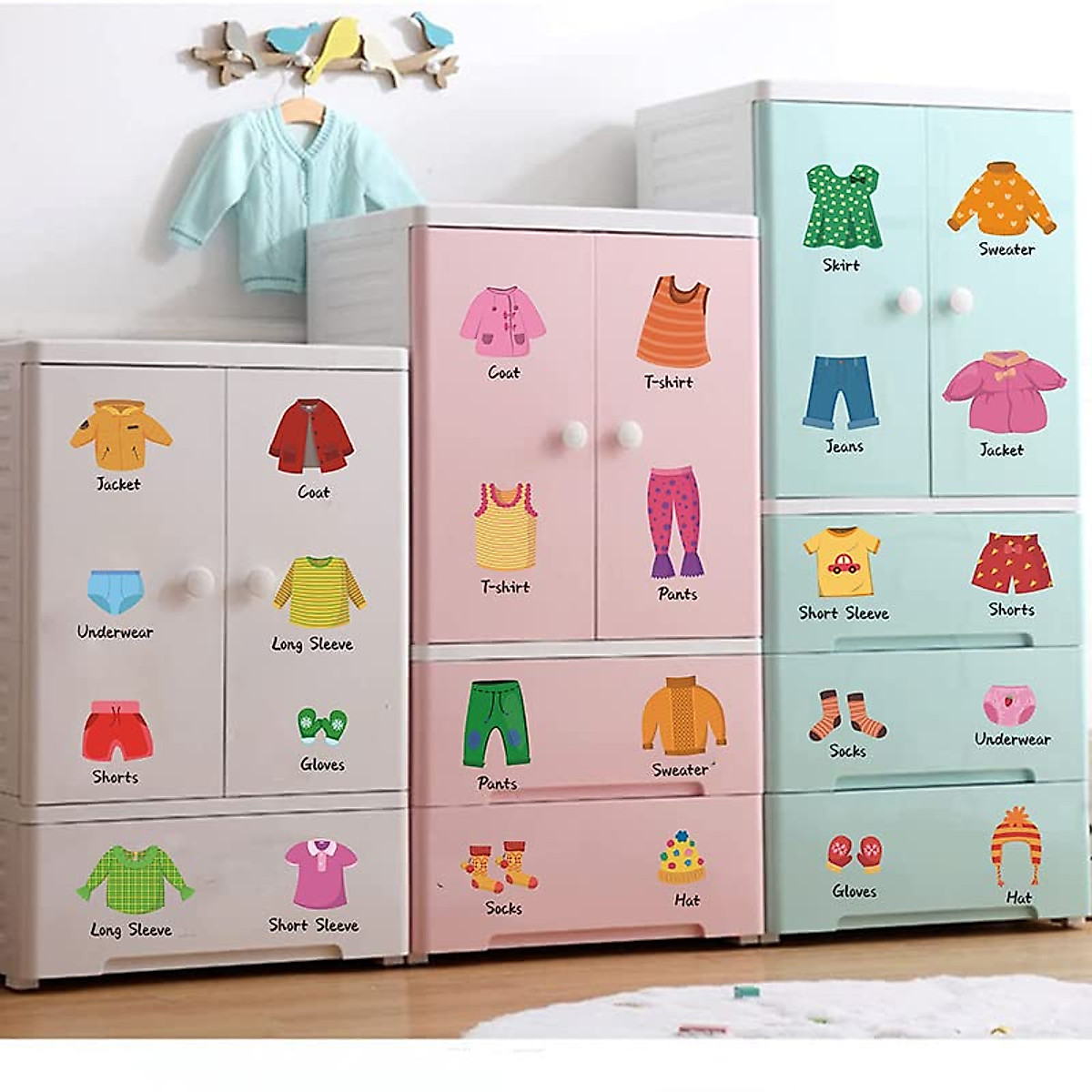 Kids Clothes Labels Decals Wardrobe Clothing Assortment Decorative Wardrobe Stickers, Boys and Girls Clothes Assortment Logo Art Graffiti Wall Stickers Self-Adhesive Creative Kids Room Decor