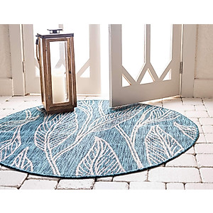 Unique Loom Outdoor Botanical Collection Area Rug - Leaf (4' 1" Round, Teal/ Ivory)